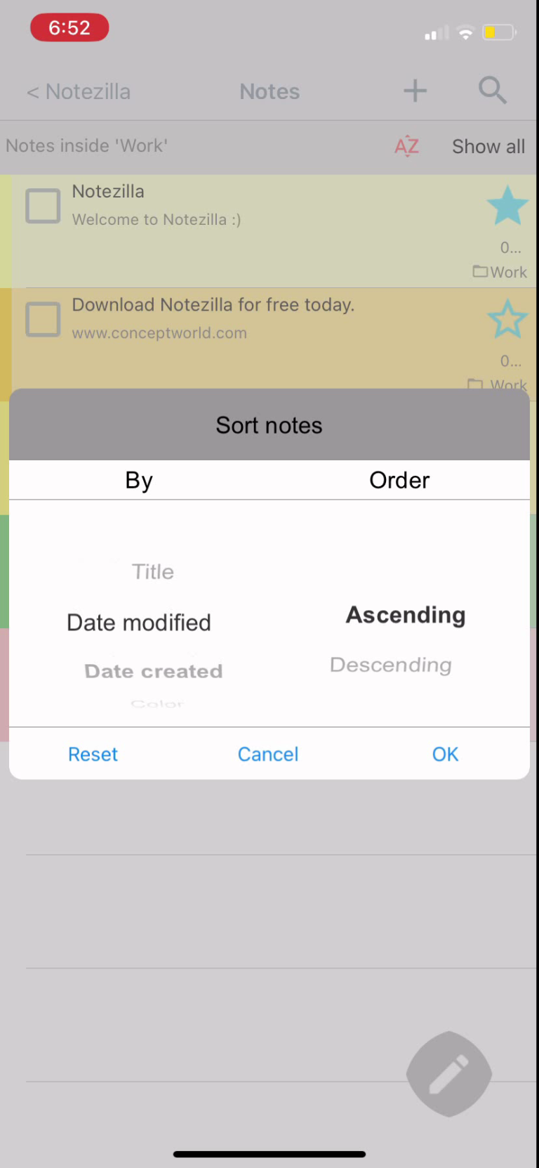 Sorting notes list inside a folder in Notezilla app for Android/iPhone ...